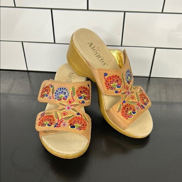 Alegria | Shoes | Alegria Boho Leather Embroidered Wooden Clog Slip On ...